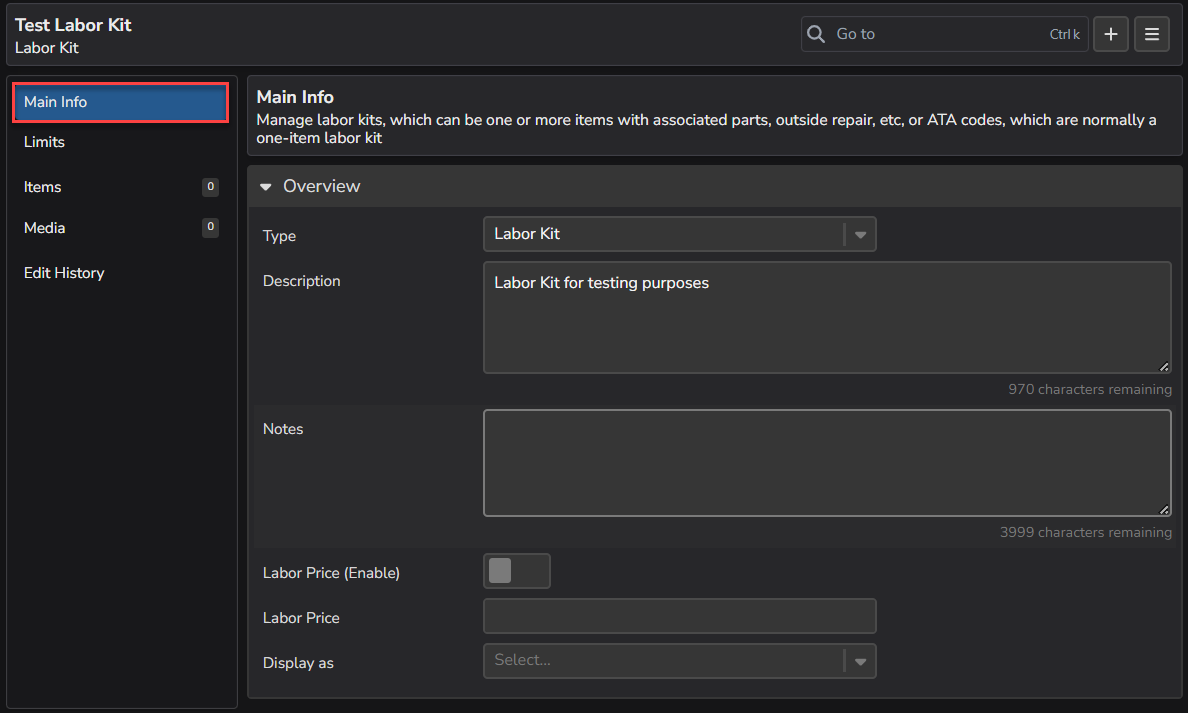 Create and Manage Labor Kits & ATA Codes