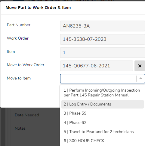How to Move a Part or an Item to a Different W/O