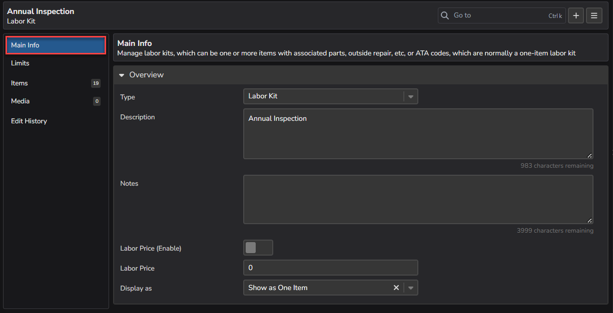 Create and Manage Labor Kits & ATA Codes