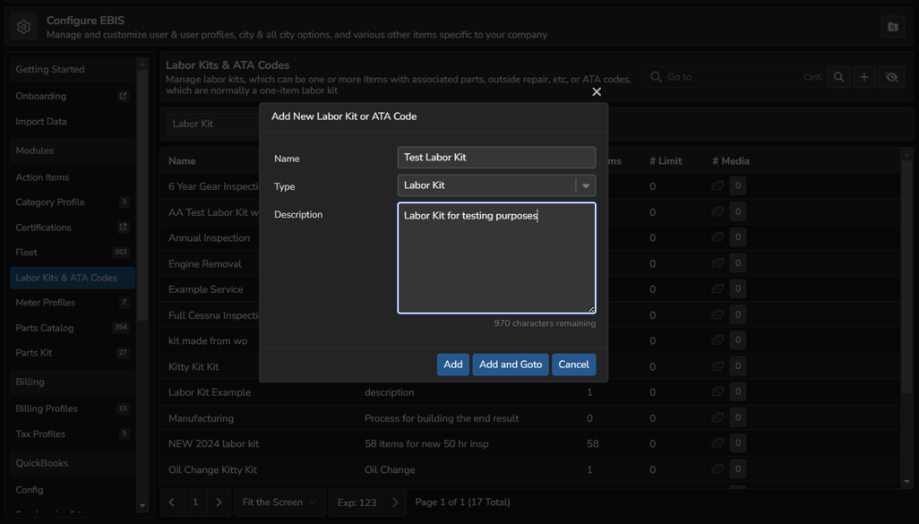 Create and Manage Labor Kits & ATA Codes